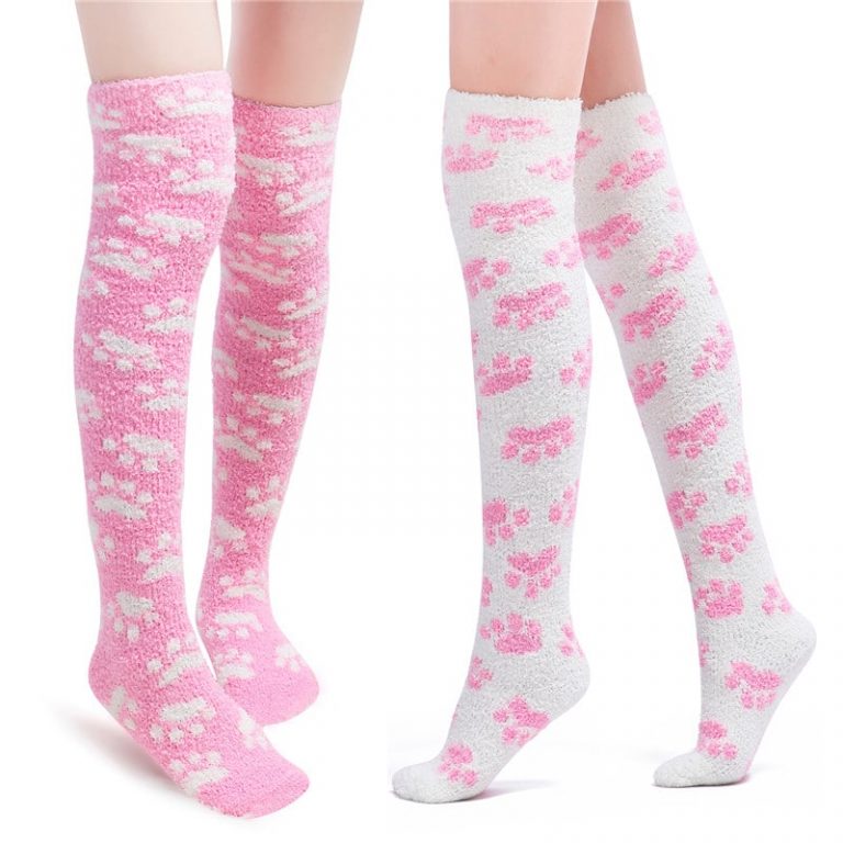 Cute Coral Fleece Thigh High Long Paws Patten Socks 2 Pairs-Pink Paws ...