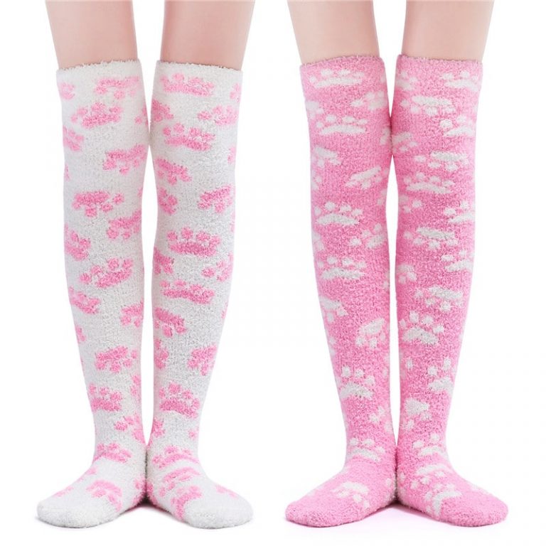 Cute Coral Fleece Thigh High Long Paws Patten Socks 2 Pairs-Pink Paws ...